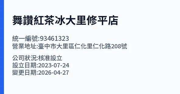舞讚紅茶冰大里修平店的照片-統編 93461323(臺中市) 公司登記資料與營業項目詳細圖表