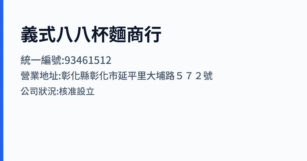 義式八八杯麵商行 - 統編 93461512(彰化縣) 公司登記資料與營業項目詳細圖表