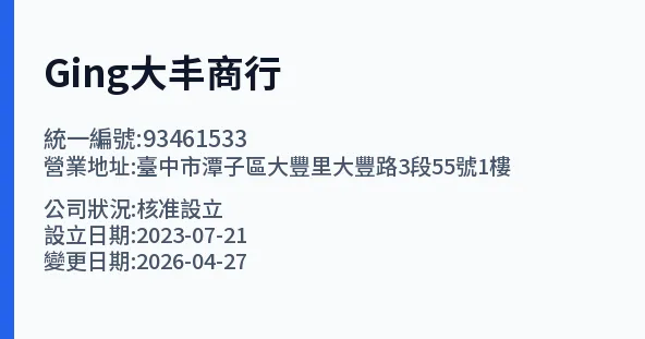 Ging大丰商行的照片-統編 93461533(臺中市) 公司登記資料與營業項目詳細圖表