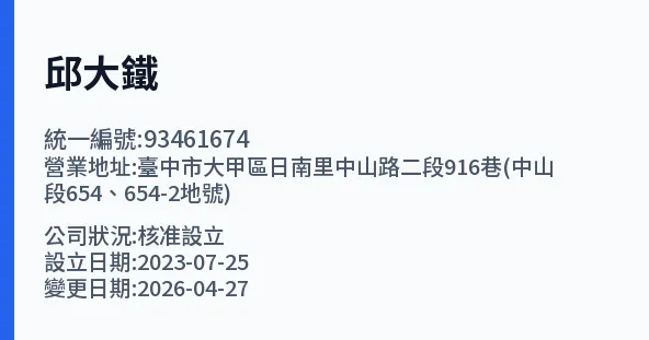 邱大鐵的照片-統編 93461674(臺中市) 公司登記資料與營業項目詳細圖表