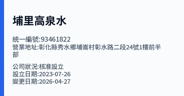埔里高泉水的照片-統編 93461822(彰化縣) 公司登記資料與營業項目詳細圖表