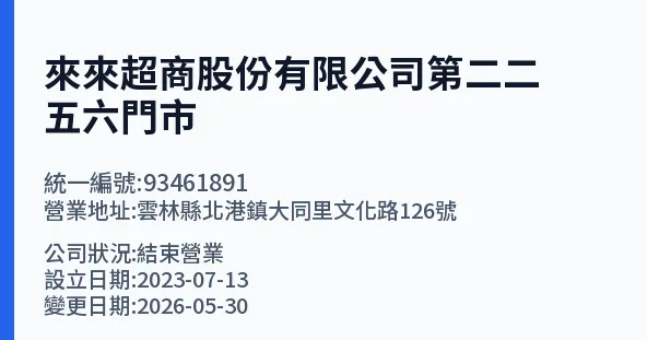 來來超商股份有限公司第二二五六門市的照片-統編 93461891(雲林縣) 公司登記資料與營業項目詳細圖表