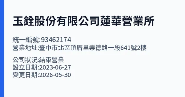 玉銓股份有限公司蓮華營業所的照片-統編 93462174(臺中市) 公司登記資料與營業項目詳細圖表