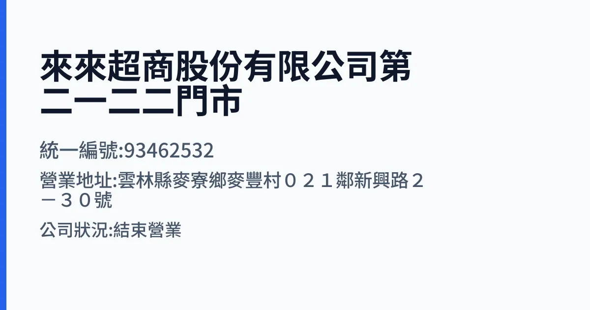 來來超商股份有限公司第二一二二門市 - 統編 93462532(雲林縣) 公司登記資料與營業項目詳細圖表