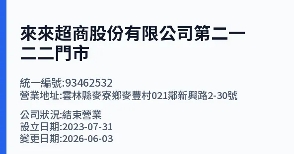 來來超商股份有限公司第二一二二門市的照片-統編 93462532(雲林縣) 公司登記資料與營業項目詳細圖表