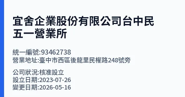 宜舍企業股份有限公司台中民五一營業所的照片-統編 93462738(臺中市) 公司登記資料與營業項目詳細圖表
