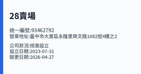 28賣場的照片-統編 93462792(臺中市) 公司登記資料與營業項目詳細圖表