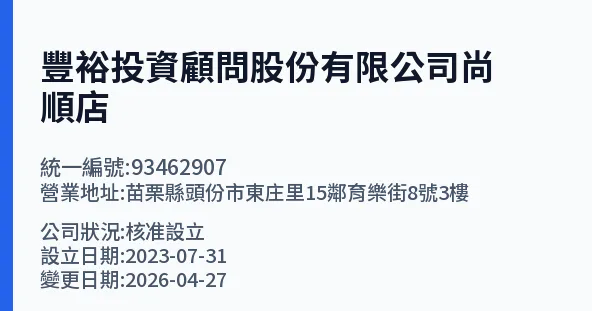 豐裕投資顧問股份有限公司尚順店的照片-統編 93462907(苗栗縣) 公司登記資料與營業項目詳細圖表