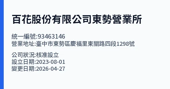 百花股份有限公司東勢營業所的照片-統編 93463146(臺中市) 公司登記資料與營業項目詳細圖表