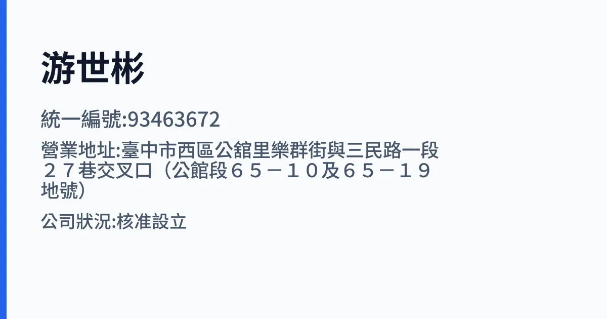 游世彬 - 統編 93463672(臺中市) 公司登記資料與營業項目詳細圖表