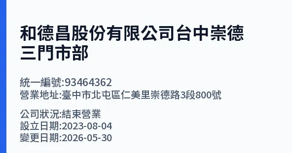 和德昌股份有限公司台中崇德三門市部的照片-統編 93464362(臺中市) 公司登記資料與營業項目詳細圖表