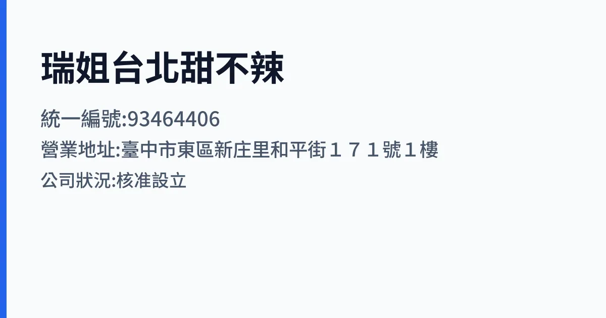 瑞姐台北甜不辣 - 統編 93464406(臺中市) 公司登記資料與營業項目詳細圖表
