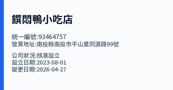 饌悶鴨小吃店的照片-統編 93464757(南投縣) 公司登記資料與營業項目詳細圖表