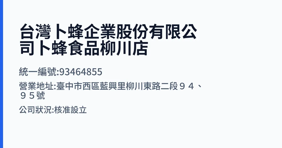 台灣卜蜂企業股份有限公司卜蜂食品柳川店 - 統編 93464855(臺中市) 公司登記資料與營業項目詳細圖表