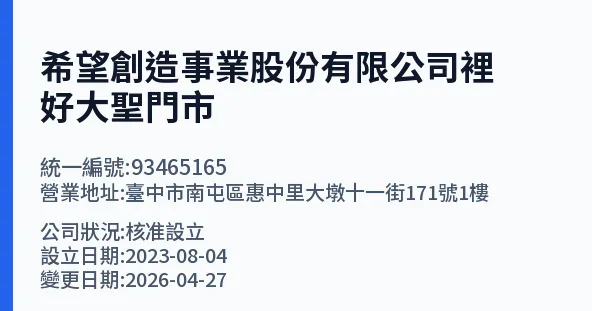 希望創造事業股份有限公司裡好大聖門市的照片-統編 93465165(臺中市) 公司登記資料與營業項目詳細圖表