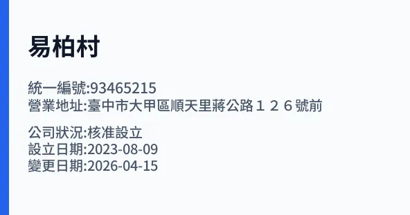 易柏村 - 統編 93465215(臺中市) 公司登記資料與營業項目詳細圖表