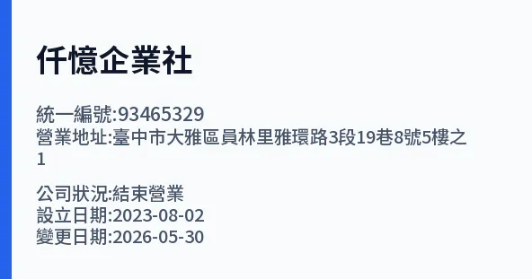 仟憶企業社的照片-統編 93465329(臺中市) 公司登記資料與營業項目詳細圖表