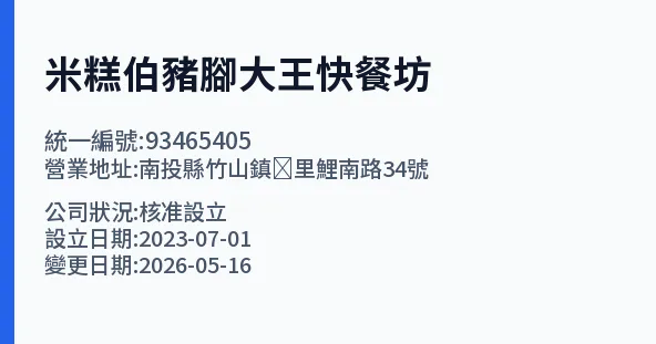 米糕伯豬腳大王快餐坊的照片-統編 93465405(南投縣) 公司登記資料與營業項目詳細圖表