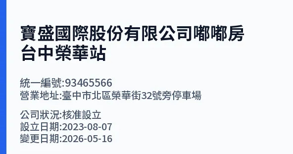 寶盛國際股份有限公司嘟嘟房台中榮華站的照片-統編 93465566(臺中市) 公司登記資料與營業項目詳細圖表