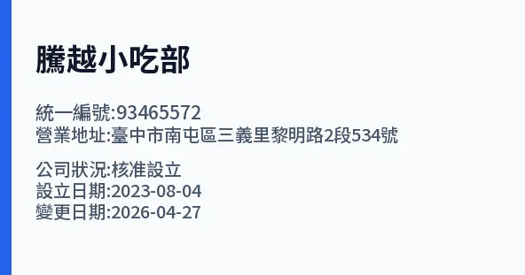騰越小吃部的照片-統編 93465572(臺中市) 公司登記資料與營業項目詳細圖表
