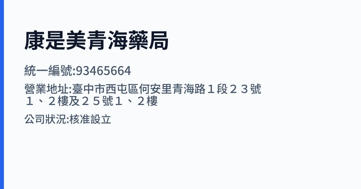 康是美青海藥局 - 統編 93465664(臺中市) 公司登記資料與營業項目詳細圖表
