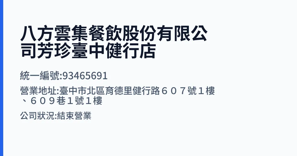 八方雲集餐飲股份有限公司芳珍臺中健行店 - 統編 93465691(臺中市) 公司登記資料與營業項目詳細圖表