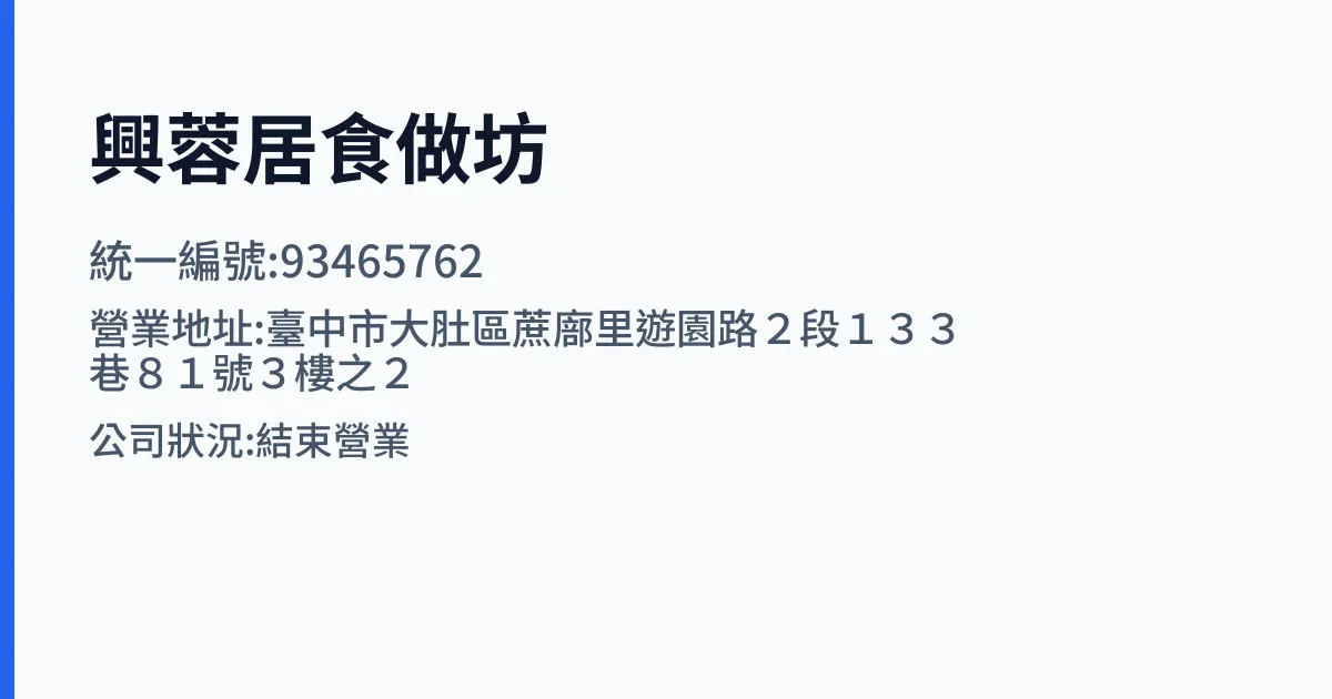 興蓉居食做坊 - 統編 93465762(臺中市) 公司登記資料與營業項目詳細圖表