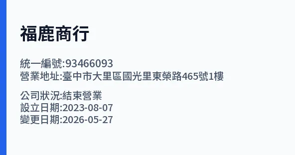 福鹿商行的照片-統編 93466093(臺中市) 公司登記資料與營業項目詳細圖表