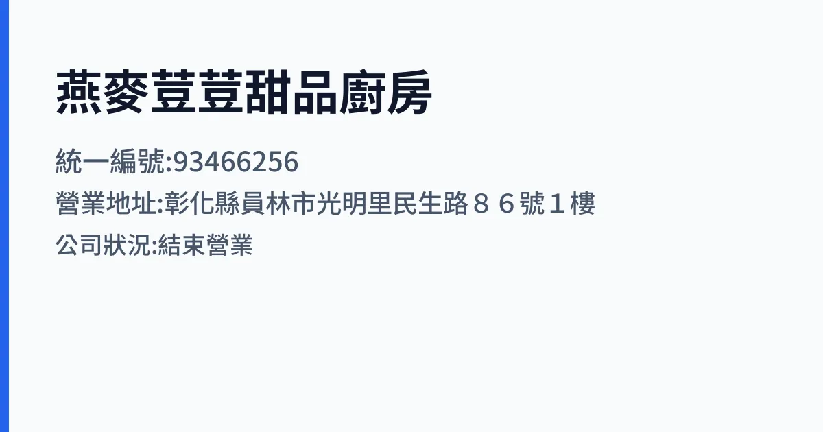 燕麥荳荳甜品廚房 - 統編 93466256(彰化縣) 公司登記資料與營業項目詳細圖表