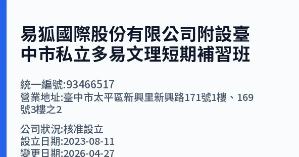 易狐國際股份有限公司附設臺中市私立多易文理短期補習班的照片-統編 93466517(臺中市) 公司登記資料與營業項目詳細圖表