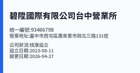 碧陞國際有限公司台中營業所的照片-統編 93466798(臺中市) 公司登記資料與營業項目詳細圖表
