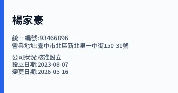 楊家豪的照片-統編 93466896(臺中市) 公司登記資料與營業項目詳細圖表