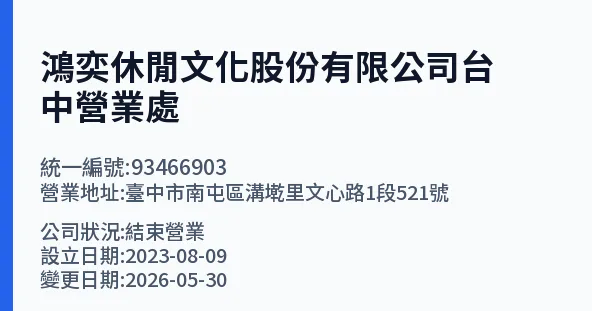鴻奕休閒文化股份有限公司台中營業處的照片-統編 93466903(臺中市) 公司登記資料與營業項目詳細圖表
