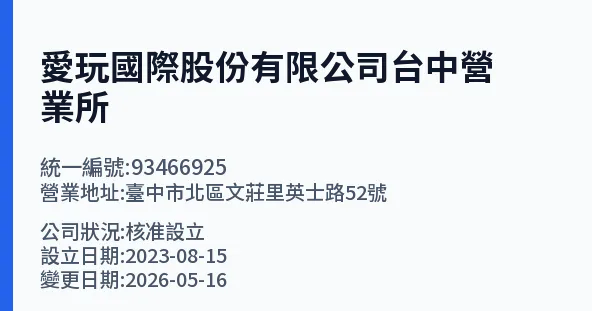 愛玩國際股份有限公司台中營業所的照片-統編 93466925(臺中市) 公司登記資料與營業項目詳細圖表
