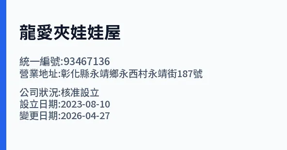 龍愛夾娃娃屋的照片-統編 93467136(彰化縣) 公司登記資料與營業項目詳細圖表
