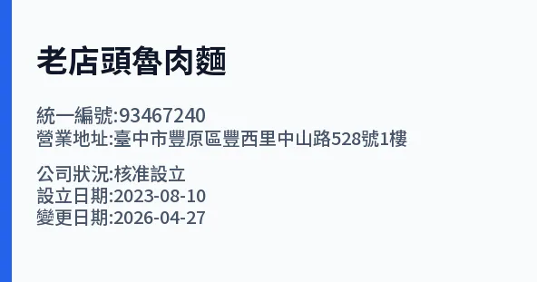 老店頭魯肉麵的照片-統編 93467240(臺中市) 公司登記資料與營業項目詳細圖表