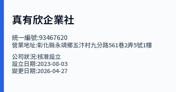 真有欣企業社的照片-統編 93467620(彰化縣) 公司登記資料與營業項目詳細圖表