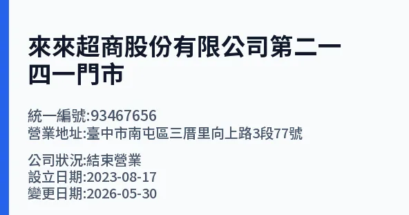 來來超商股份有限公司第二一四一門市的照片-統編 93467656(臺中市) 公司登記資料與營業項目詳細圖表