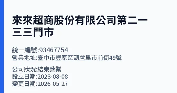 來來超商股份有限公司第二一三三門市的照片-統編 93467754(臺中市) 公司登記資料與營業項目詳細圖表