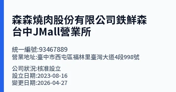 森森燒肉股份有限公司鉄鮮森台中JMall營業所的照片-統編 93467889(臺中市) 公司登記資料與營業項目詳細圖表