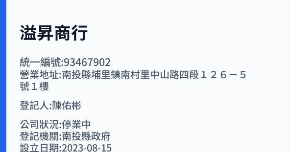 溢昇商行的照片-統編 93467902(南投縣) 公司登記資料與營業項目詳細圖表