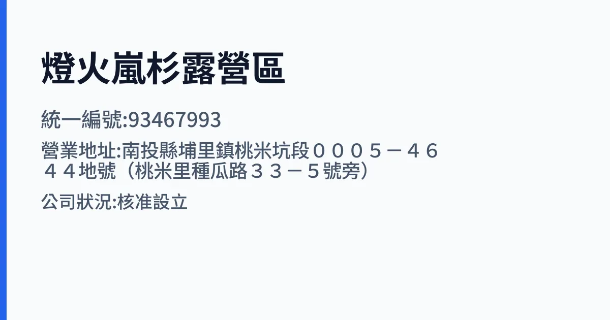 燈火嵐杉露營區 - 統編 93467993(南投縣) 公司登記資料與營業項目詳細圖表
