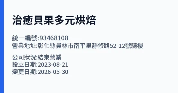 治癒貝果多元烘焙的照片-統編 93468108(彰化縣) 公司登記資料與營業項目詳細圖表