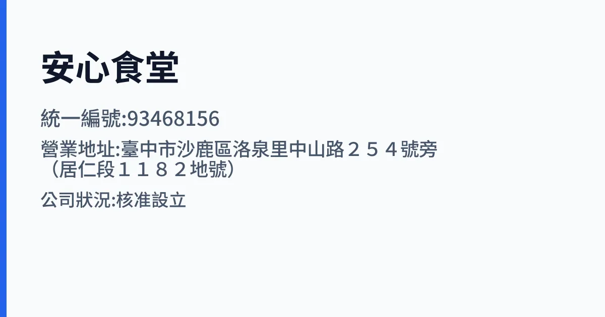 安心食堂 - 統編 93468156(臺中市) 公司登記資料與營業項目詳細圖表