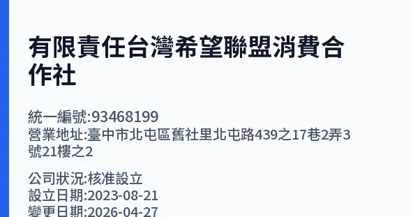有限責任台灣希望聯盟消費合作社的照片-統編 93468199(臺中市) 公司登記資料與營業項目詳細圖表