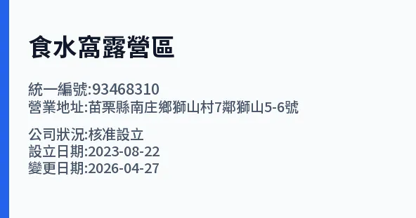 食水窩露營區的照片-統編 93468310(苗栗縣) 公司登記資料與營業項目詳細圖表