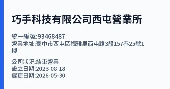 巧手科技有限公司西屯營業所的照片-統編 93468487(臺中市) 公司登記資料與營業項目詳細圖表