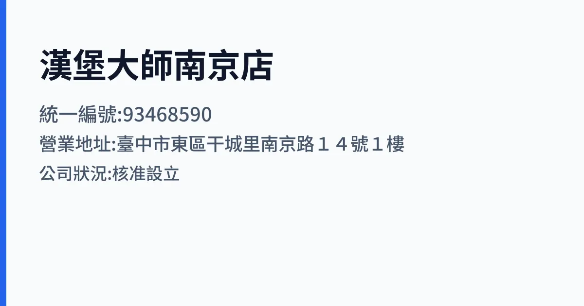 漢堡大師南京店 - 統編 93468590(臺中市) 公司登記資料與營業項目詳細圖表