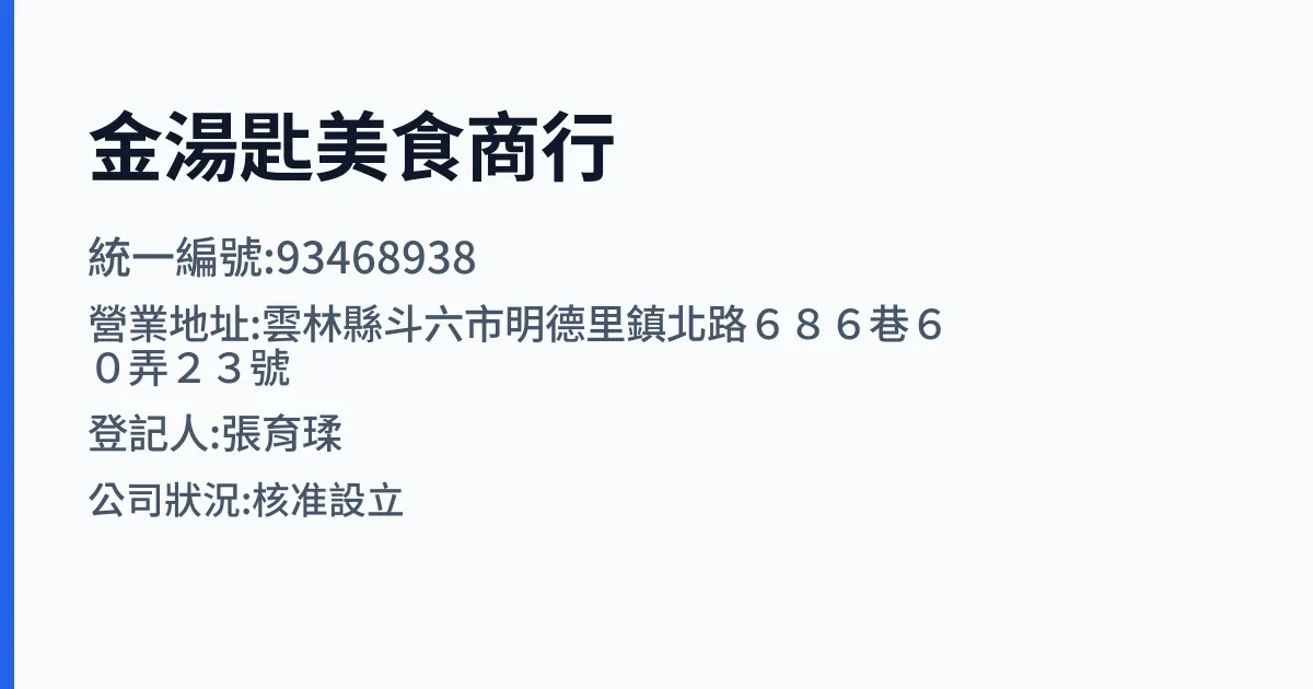 金湯匙美食商行 - 統編 93468938(雲林縣) 公司登記資料與營業項目詳細圖表