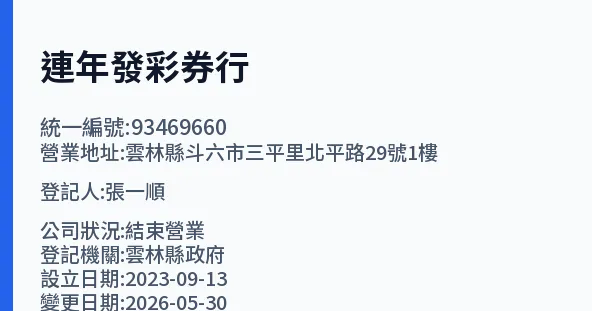 連年發彩券行的照片-統編 93469660(雲林縣) 公司登記資料與營業項目詳細圖表